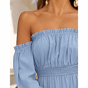 ZESICA Women's 2025 Boho Sexy Off Shoulder Long Sleeve Smocked High Waist Side Split Flowy A Line Tiered Long Maxi Dress,LightBlue,Medium