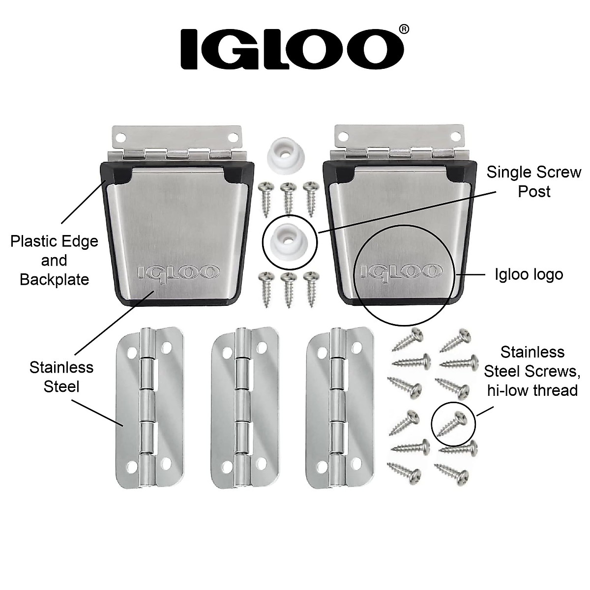 Igloo Cooler Heavy-Duty Stainless Steel Parts Kit - 2 Latches, 3 Hinges, Latch Posts & Screws