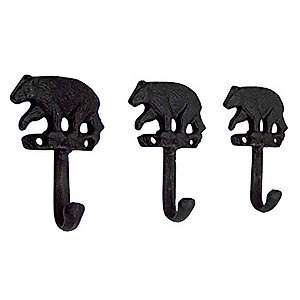 Rustic Black Bear Cast Iron Wall Hooks, Set of 3, 5 Inches