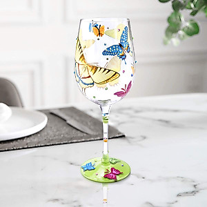 NymphFable Hand-painted Wine Glass Colorful Butterflies Artisan Painted Glass 15 oz Novelty Gift for Birthdays,Weddings,Valentine's Day