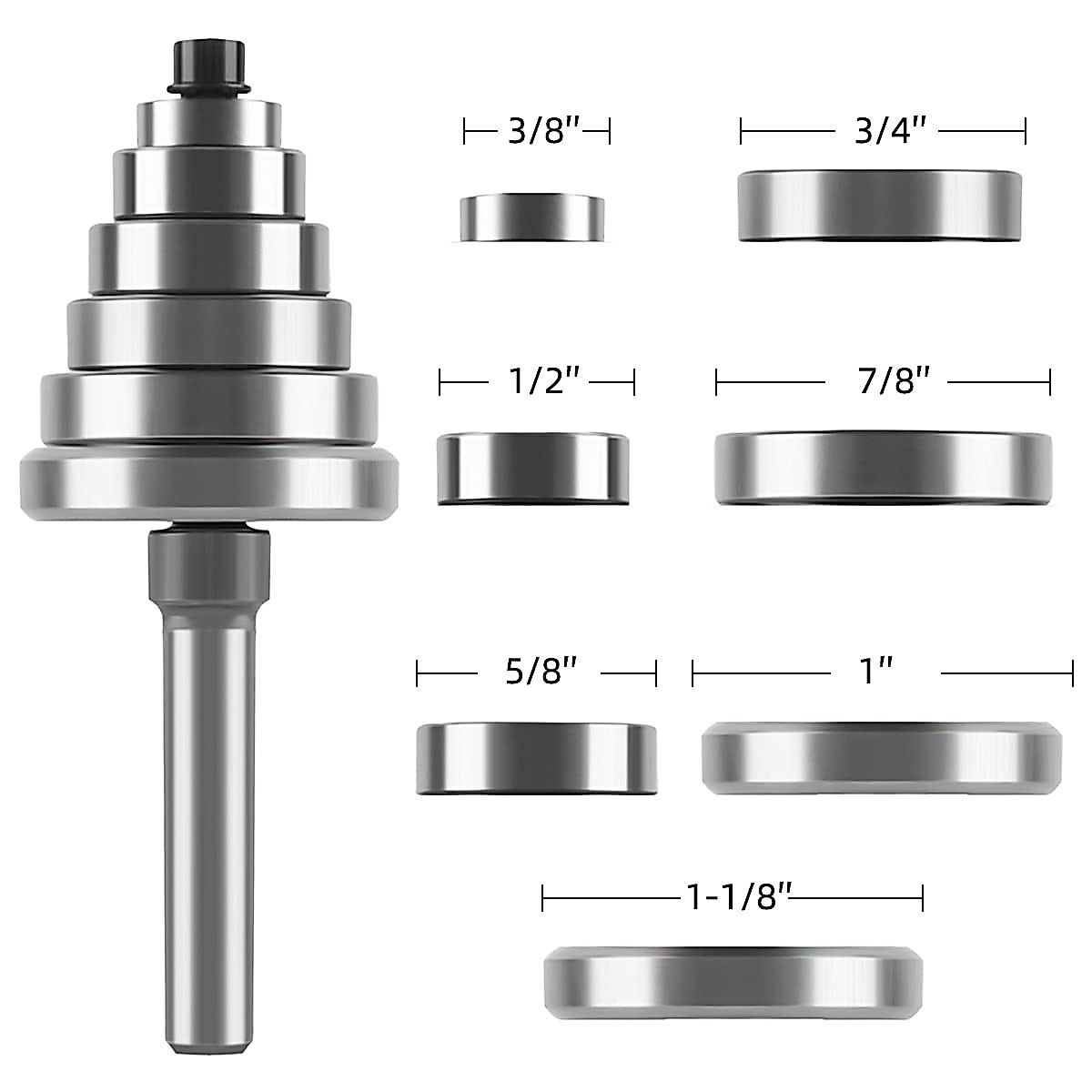 KOWOOD 1/4" inch Shank 1-3/8" Height Multi-Slot milling Cutter bit (7 Bearings, Multiple Depths 1/8", 3/16",1/4", 5/16", 3/8", 7/16", 1/2") Interchangeable and Adjustable Bearings.