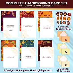Decorably 18 Pack Foiled Religious Thanksgiving Cards with Envelopes & Stickers - 6 Designs with Printed Message Inside Christian Thanksgiving Cards Pack, 5x7in Happy Thanksgiving Cards Religious
