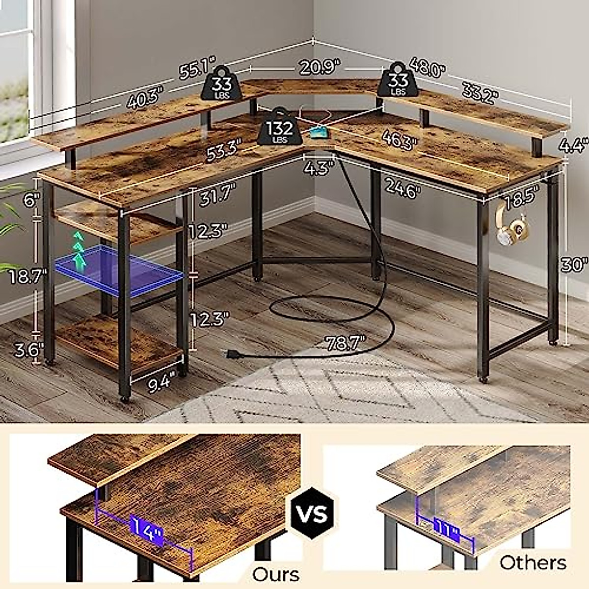 Rolanstar L Shaped Gaming Desk with LED Lights & Power Outlets, 55.1" Computer Desk with Full Monitor Stand & Storage Shelf, Corner Desk with Hooks, Rustic Brown Desk Reversible