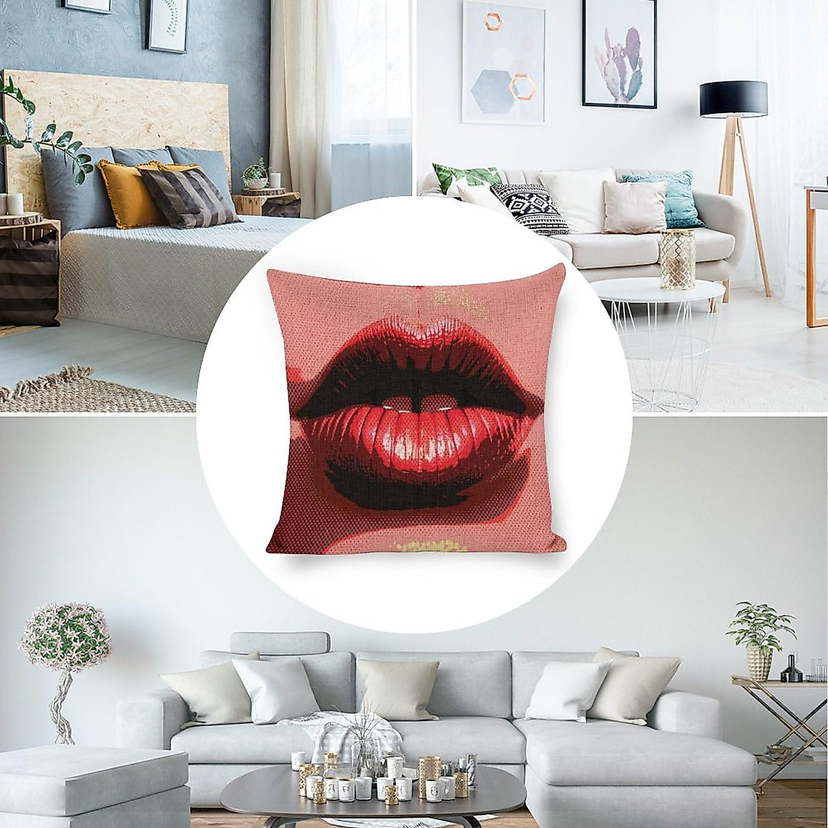 JOJOART Women's Red Lips Throw Pillow Covers 18×18 Pillowcases Set of 1 Pop Art Style Linen Decorative Square Pillow Case Cushion Covers Standard Size for Sofa Couch Outdoor Bed Pillow Protectors