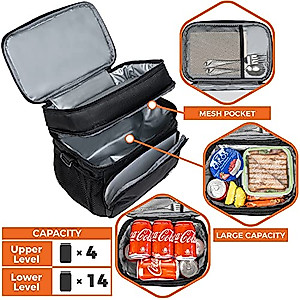 opux Insulated Lunch Bag for Men Women, Large Dual Compartment Cooler Bag, Soft Two Deck Lunch Box for Work School Picnic, Leakproof Lunch Tote with Shoulder Strap for Kid Adult (Black, Double Deck)