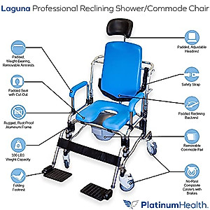 Laguna Professional Reclining Shower Chair with Wheels, Institutional Quality Adjustable Tilting Commode Seat for Shower and Bathtub for Elderly, Seniors, and Disabled, Padded Seat, Back, Armrests