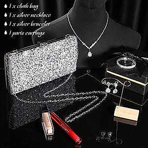 4 Pieces Silver Clutch Purses Bag for Women Evening Rhinestone Jewelry Set Bling Necklace Earrings Bracelets Set for Wedding (Elegant Style)