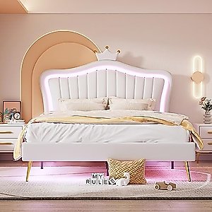 DEINPPA Queen Princess Platform Bed with Upholstered Led Headboard, Kids Bed Frame with Crown Element Design, No Box Spring Need, for Kids Toddler Children, PU-White