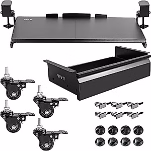 VIVO 16 inch Under Desk Mounted Sliding Pull-Out Drawer for Desk, 27 inch Clamp-on Keyboard Tray, 1.5 inch M8 Locking Caster Wheels, Cable Tie Set, Black, DESK-ACK-01