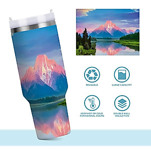 Jihqo Wonderful Mountains Lakes 40 oz Stainless Steel Vacuum Insulated Tumbler with Handle and Straw Lid, Leakproof Water Bottle Double Wall Travel Mug Coffee Cup, Cupholder Friendly