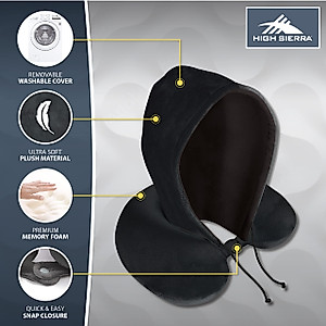 High Sierra, Hooded Travel Pillow, Blocks Cold drafts, Use Also as Light Blocker, Pure Soft Memory Foam, Provides Exceptional Neck Support, ONE SNAP Closure, Black