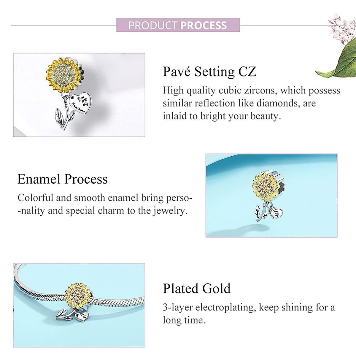 MUERDOU Sunflower Charm fit Charms Bracelets Necklaces AAA Zircon Paved Gold Plated Charm Birthday Gifts for Women