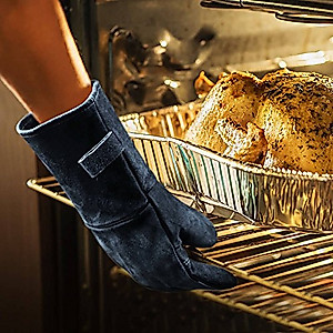 OZERO 932℉ Forge Welding Gloves 14-inch Heat Resistant Leather Grill BBQ Glove with Flame Retardant Long Sleeve and Insulated Lining for Men and Women Gray