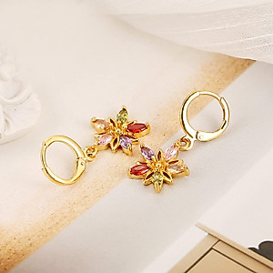 HZMAN 14K Gold Plated Sterling Silver Crystal Flower Earrings for Women Cubic Zirconia Drop Dangle Earring Fashion Earring Jewelry Gift (Colorful Flower)