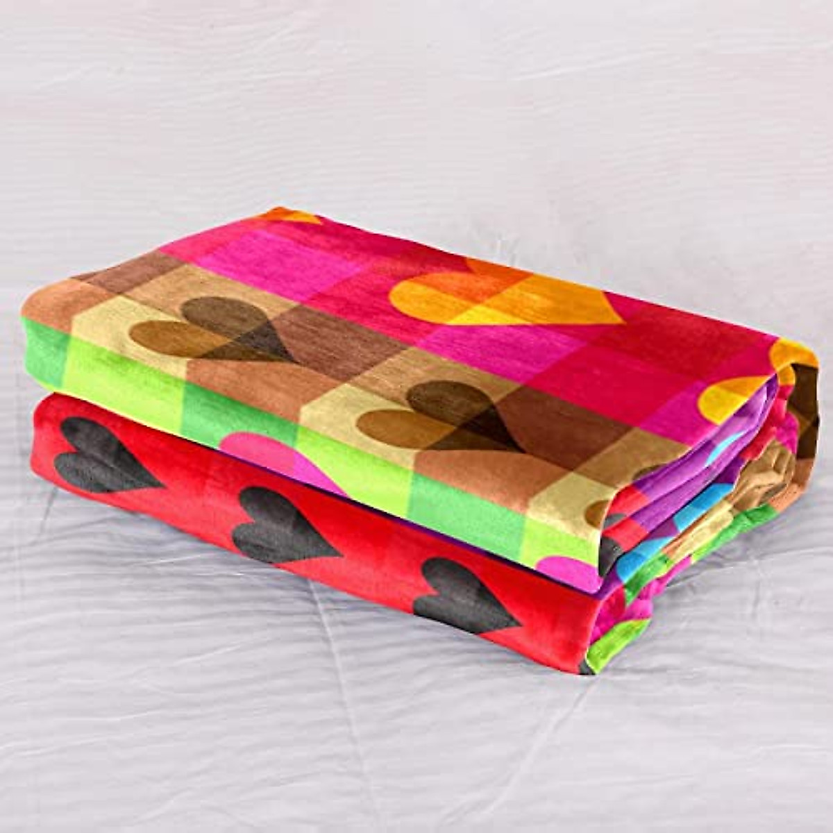 Plush Blanket Throw Blanket Warm Cozy Soft Microfiber Blankets, Colorful Checkered Heart Kawaii