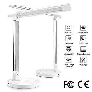 Consciot 12W LED Desk Lamp with USB Charging Port, 5 Lighting Modes 7 Brightness Levels, Dimmable and Adjustable, Touch-Sensitive Control, 30/60 min Auto Timer, White