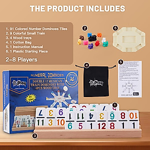 PUREPLAY Mexican Train Dominoes Set with Numbers - Double 12 Colored Number Dominoes - Includes 91 Tiles with 9 Trains, 4 Wooden Trays and Storage Bag for 2-8 Players Ages 8+