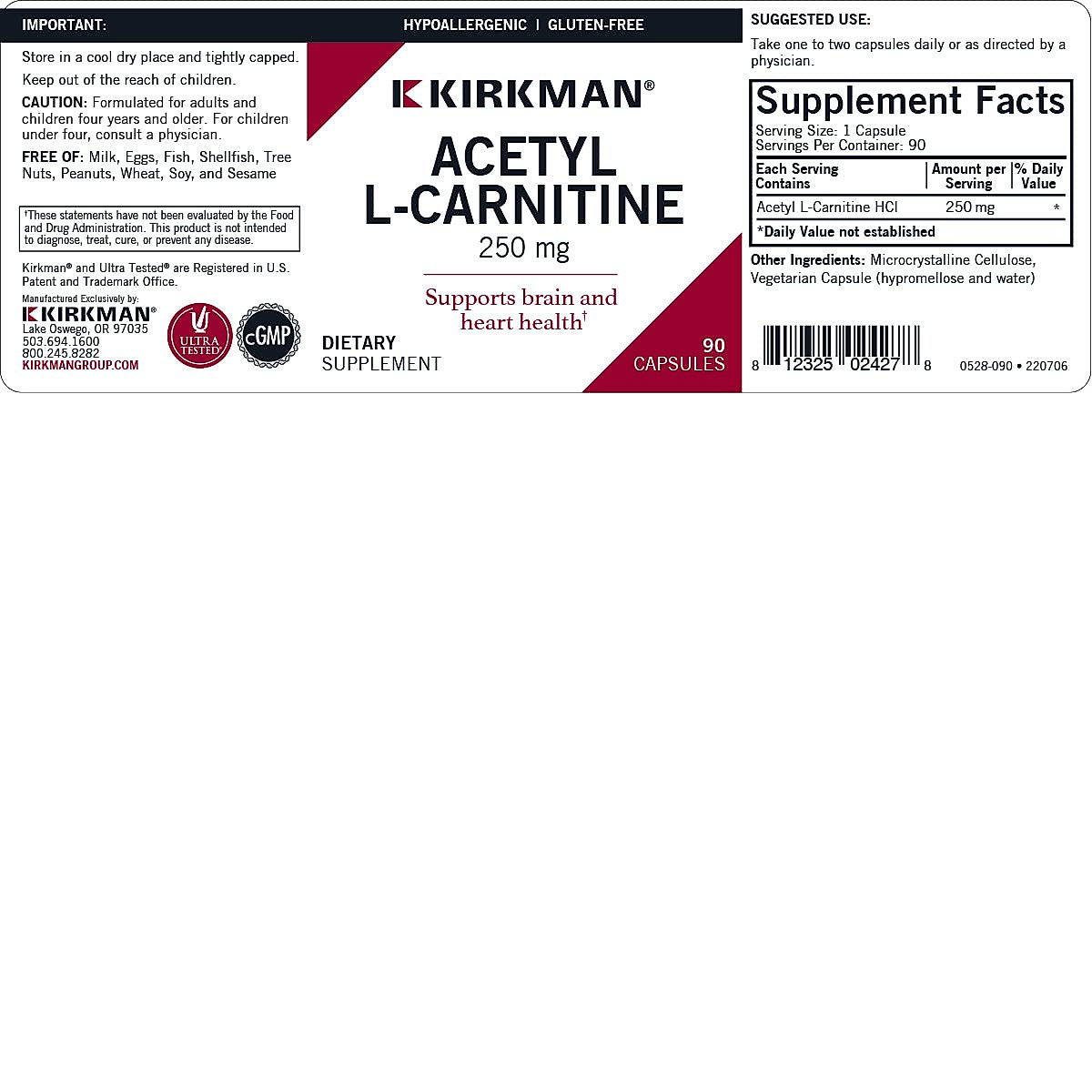 Kirkman - Acetyl L-Carnitine 250 mg - 90 Capsules - Supports Sustained Cellular Energy Production - Hypoallergenic