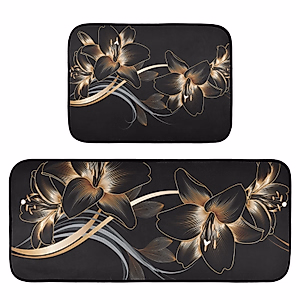 Kigai Kitchen Rugs 2 Piece Waterproof Non Slip Kitchen Mat Black Flower Kitchen Rug Set for Sink Office Kitchen Cafe, 19.7"x47.2"+19.7"x27.6"