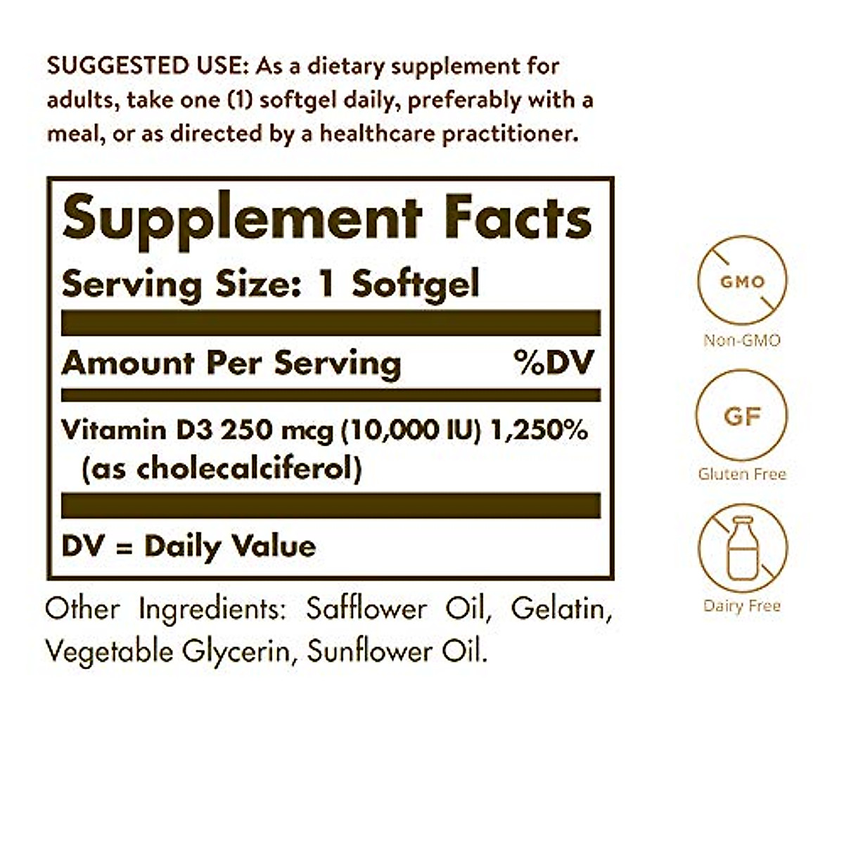 Solgar Vitamin D3 (Cholecalciferol) 250 MCG (10,000 IU), 120 Softgels - Helps Maintain Healthy Bones & Teeth - Immune System Support - Non GMO, Gluten/ Dairy Free - 120 Servings
