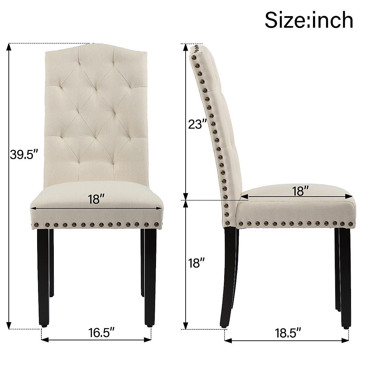 DAGONHIL Dining Chair Set of 2 Upholstered Dining Room chairs,Armless Kitchen Chair with Black Solid Wood Legs for Home Kitchen Living Room（Beige）