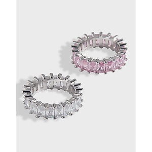 Fuqimanman2020 Cubic Zirconia Emerald Cut Eternity Ring Colorful Eternity Rainbow Ring Multi Color Gemstone Bands Ring Jewelry Gift(Pink Size8)