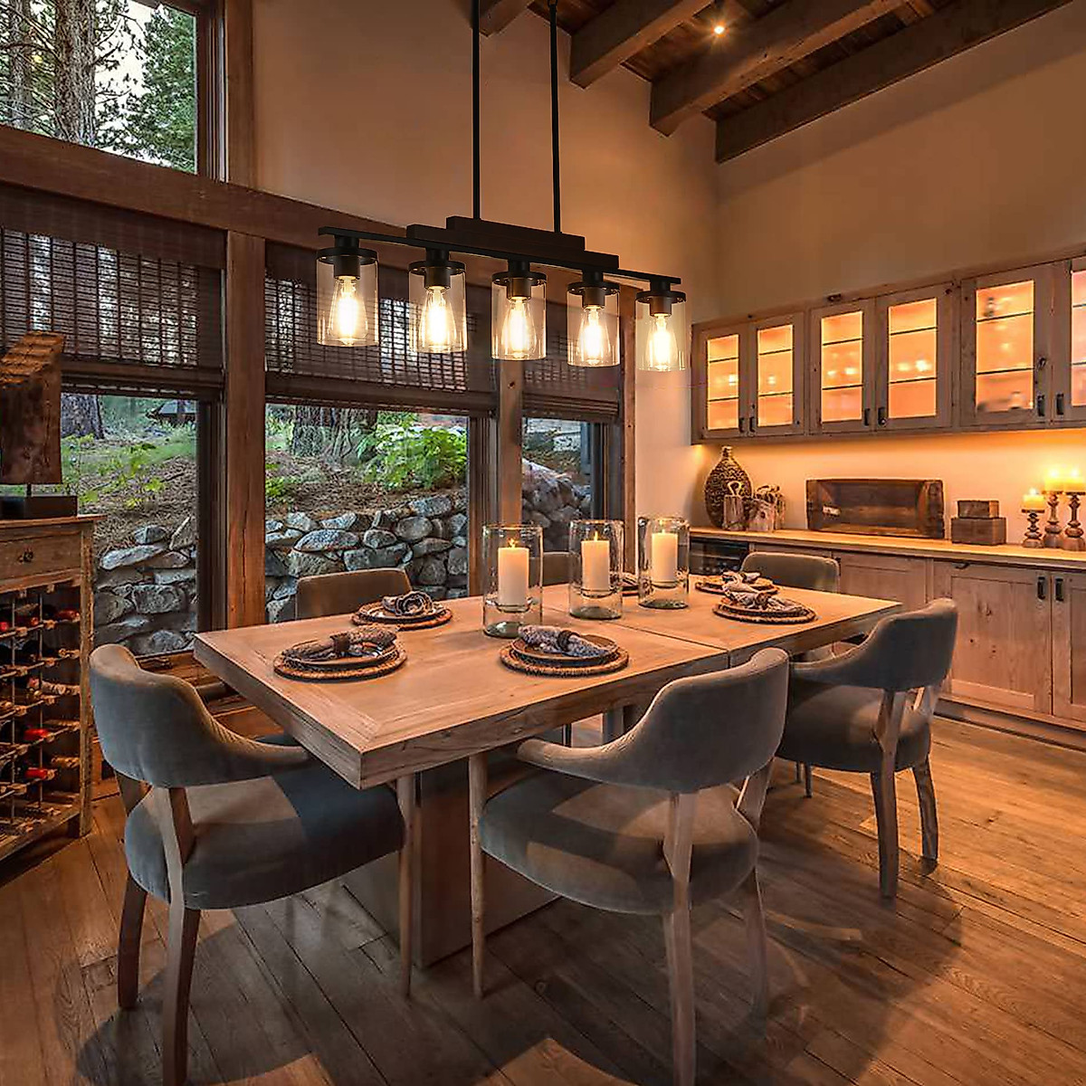 Dining Room Light Fixture/Chandelier Over Table,5-Light Kitchen Island Lighting Hanging for Farmhouse Linear Chandeliers Matte Black Rustic Wood Ceiling Pendant Light Fixtures with Clear Glass Shade