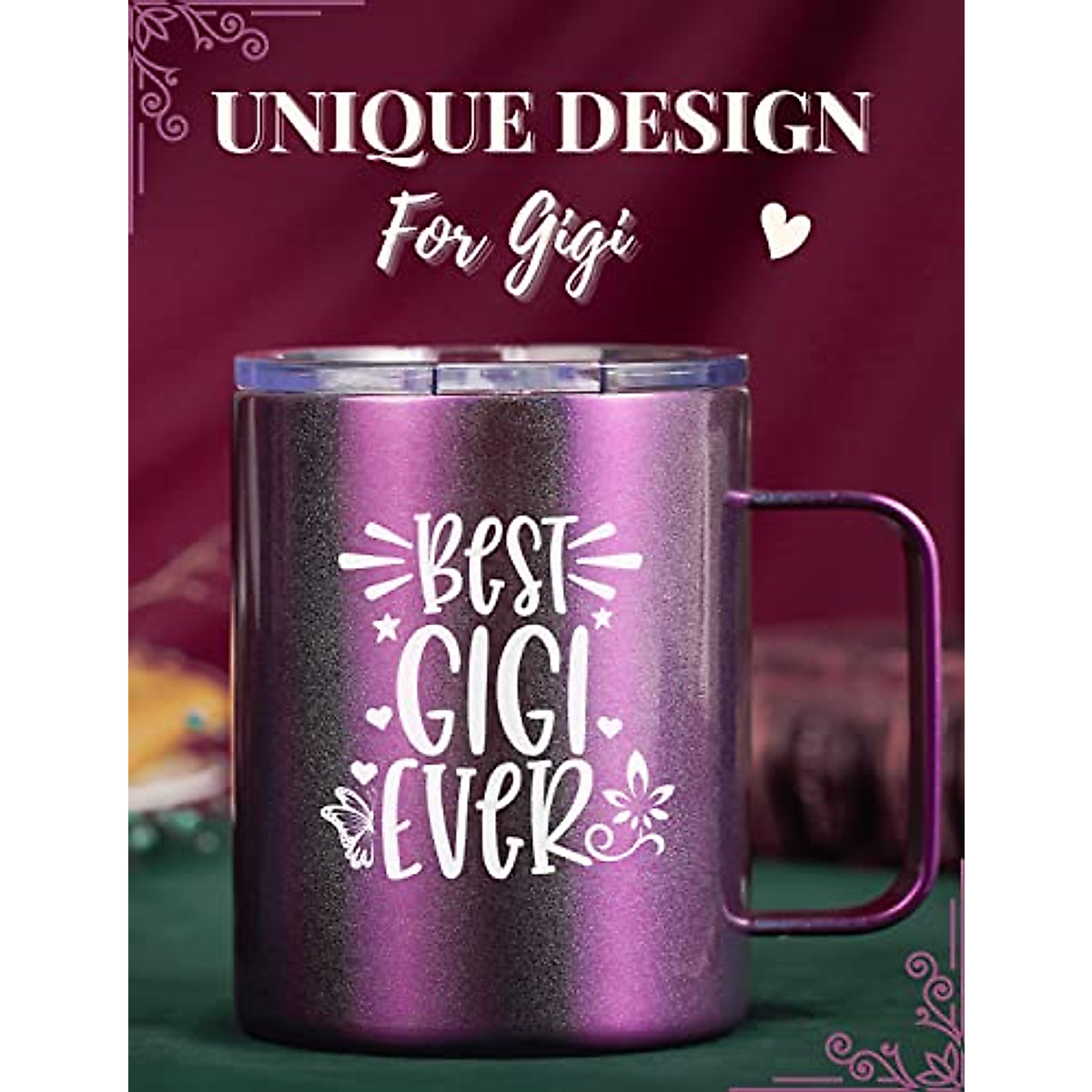 Onebttl Gigi Christmas Gifts for Grandma, Insulated Stainless Steel Coffee Mug with Lid and Handle, Birthday, Mother's Day gifts, Shimmering Purple, (12 oz) Best Gigi Ever