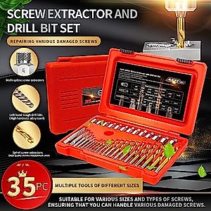 AKM 36PCS Screw Extractor with Drill Bit Set,bolt extractors with Center Hole Punch,Multi-spline Extractors,and Left Hand Drill Bits for Removeing Broken Studs, Bolts, Socket Screws, and Fittings| SAE