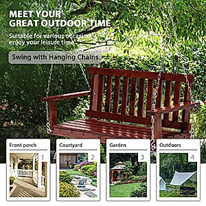 Wooden Porch Swing Chair, 48" Patio Swing Hanging Chair Outdoor Swings for Adults/Kids, Heavy Duty Swing Outdoor Swing with Hanging Chains & Reclined Backrest for Outdoor Patio Garden Yard, 800 lbs