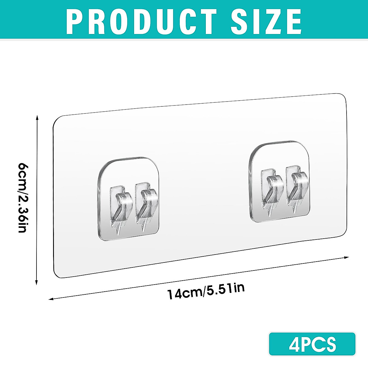 COMNICO 4 Pack Shower Caddy Adhesive Hooks Replacement, Strong Self-Adhesive Sticker No Drilling Waterproof Hanging Hooks for Bathroom Storage Shelves Kitchen Racks (Double Hook,Transparent)