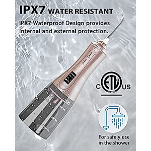 MySmile Powerful Cordless 350ML Water Dental Flosser Portable OLED Display Oral Irrigator with 5 Pressure Modes 8 Replaceable Jet Tips and Storage Bag for Home Travel Use (Rose Gold)