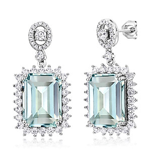 Gem Stone King 925 Sterling Silver Sky Blue Simulated Aquamarine Earrings | Emerald Cut 14X10MM Dangle Earrings For Women | Gemstone March Birthstone | 13.88 Cttw