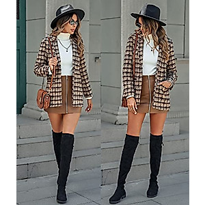 MEROKEETY Women's Long Sleeve Notch Lapel Fashion Plaid Jacket Coat Open Front Pockets Blazer Suit, Brown, L