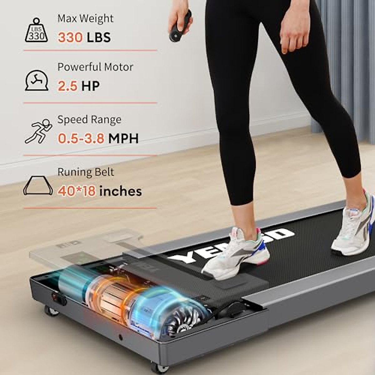 Yemsd Walking Pad Treadmill, 2.5 HP Under Desk Treadmill for Home Office Walking Treadmill with LED Display,Remote Controller,330LBS Weight Capacity