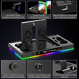 Upgrade Cooling Fan &Dual Controller Charging Station for Xbox Series X with 15RGB Light, Vertical Stand Charger Dock with 2 Rechargeable Batteries Packs, Cooler System with Disc Accessories Storage