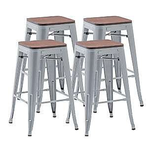 Alunaune 24" Metal Counter Height Bar Stools Set of 4 Industrial Backless Kitchen Patio Counter Stool Stackable Barstools Wood Top- 24inch, Silver