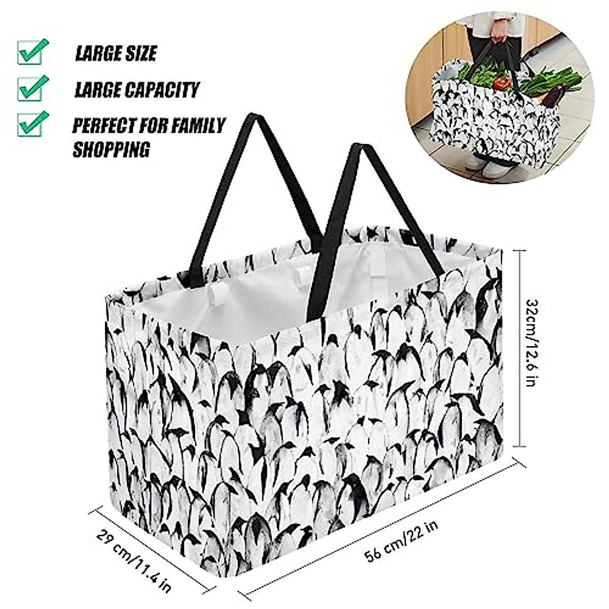 KQNZT Reusable Grocery Bags, Large Foldable Reusable Shopping Tote Bags Bulk for Groceries, Waterproof Kitchen Cloth Produce Bags with Long Handles, Animal Penguin