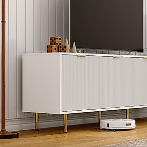 Furnicare Mid Century Modern TV Stand for 80 Inch TV, Entertainment Center Wood TV Stand with 4 Large Drawers, TV Console Table Media Cabinet with Storage for Living Room Bedroom, Warm White