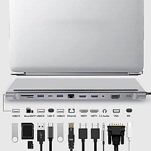 WPYYI 12 in 1 USB C Hub Laptop Docking Station Type-C to Dual HDMI-Compatible/VGA/USB 3.0 Hub/PD/RJ/Micro-SD/TF Card Dock Adapter