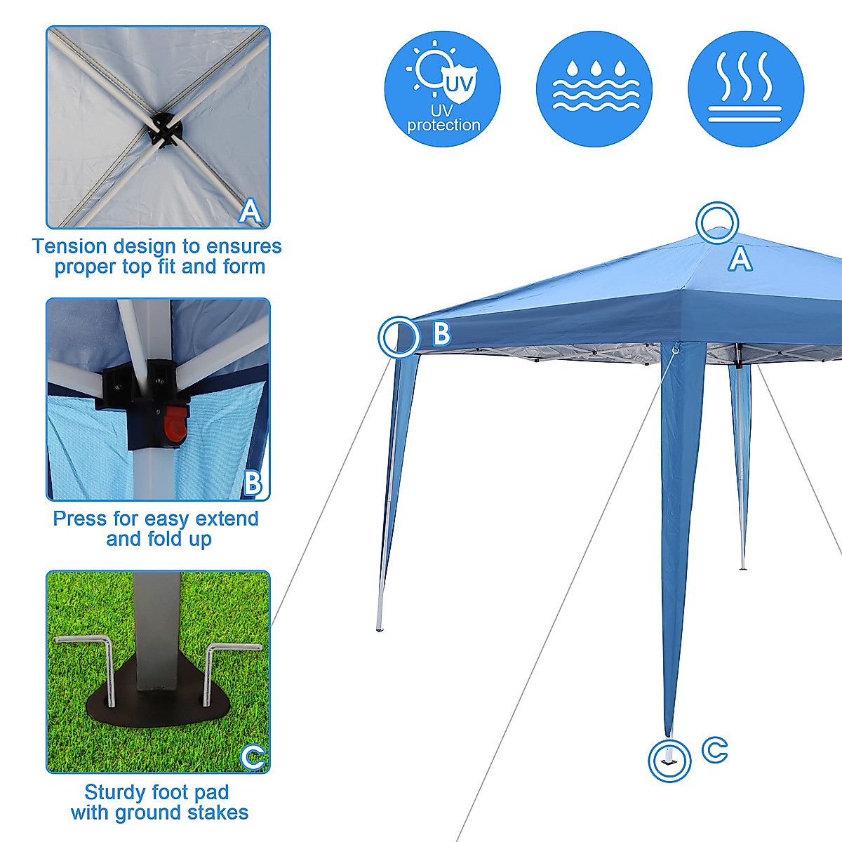10 x 10 FT Pop Up Canopy Tent, Foldable & Adjustable Height, Stable Steel Frame Easy Set-up Outdoor Tent, Portable Carrying Bag, for Parties, Picnics & Camping, Blue