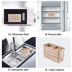 Iteryn Bento Adults Lunch Box, Stackable Bento Box, 3-In-1 Compartment - Wheat Straw, Leakproof Eco-Friendly Bento Lunch Box Meal Prep Containers