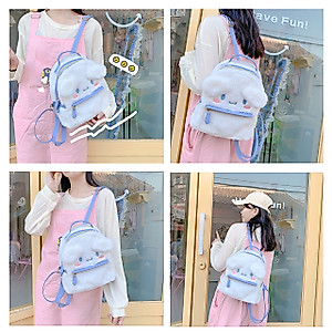 Kowckxi Cute Mini Plush Backpacks, Cat Face Soft Fuzzy Purse Handbags, 2Pcs Set White