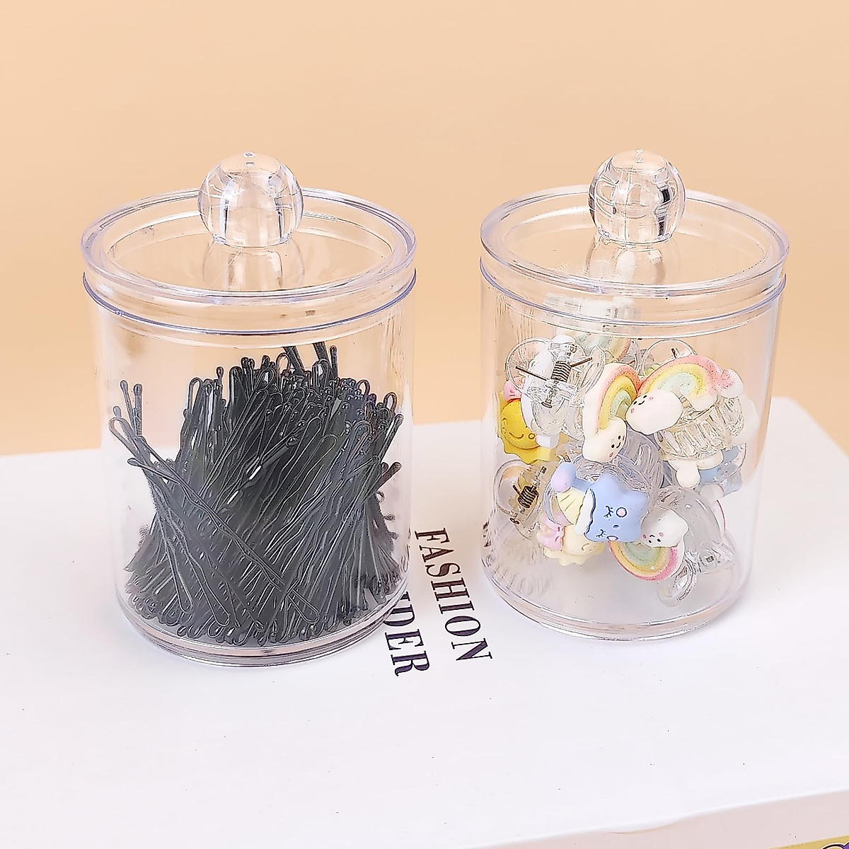 2-pack Qtip Dispenser Apothecary Jars, Cotton Swab,Round Pads, Floss Clear Plastic Apothecary Jar Set for Bathroom Canister Storage Organization, Vanity Makeup Office Dresser Organizer