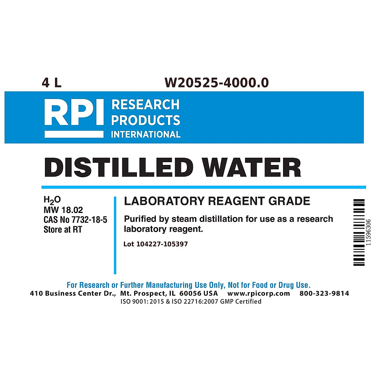 RPI W20525-4000.0 Distilled Water, 4L