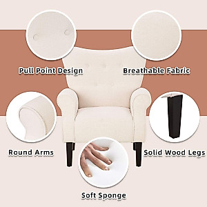 YOLENY Modern Accent Chair,High Back Armchair,Upholstered Fabric Button Single Sofa with Wooden Legs for Living Room,Bedroom,Club,Beige