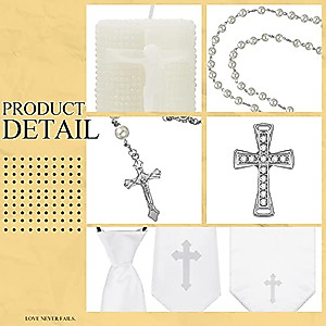 5 Pieces Boys First Holy Communion Accessories Boys Communion Set Including 1 White Tie 1 Folded Handkerchief Embroidered with the Cross 1 Cross Pin 1 Pearl Rosary 1 Cross Candle for Baptism
