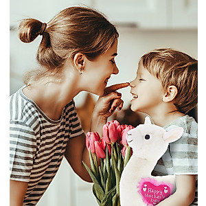 DolliBu Happy Mother's Day Super Soft Plush White Llama Figure - Cute Stuffed Animal with Pink Heart Message for Best Mommy, Grandma, Wife, Daughter - 9" Inches