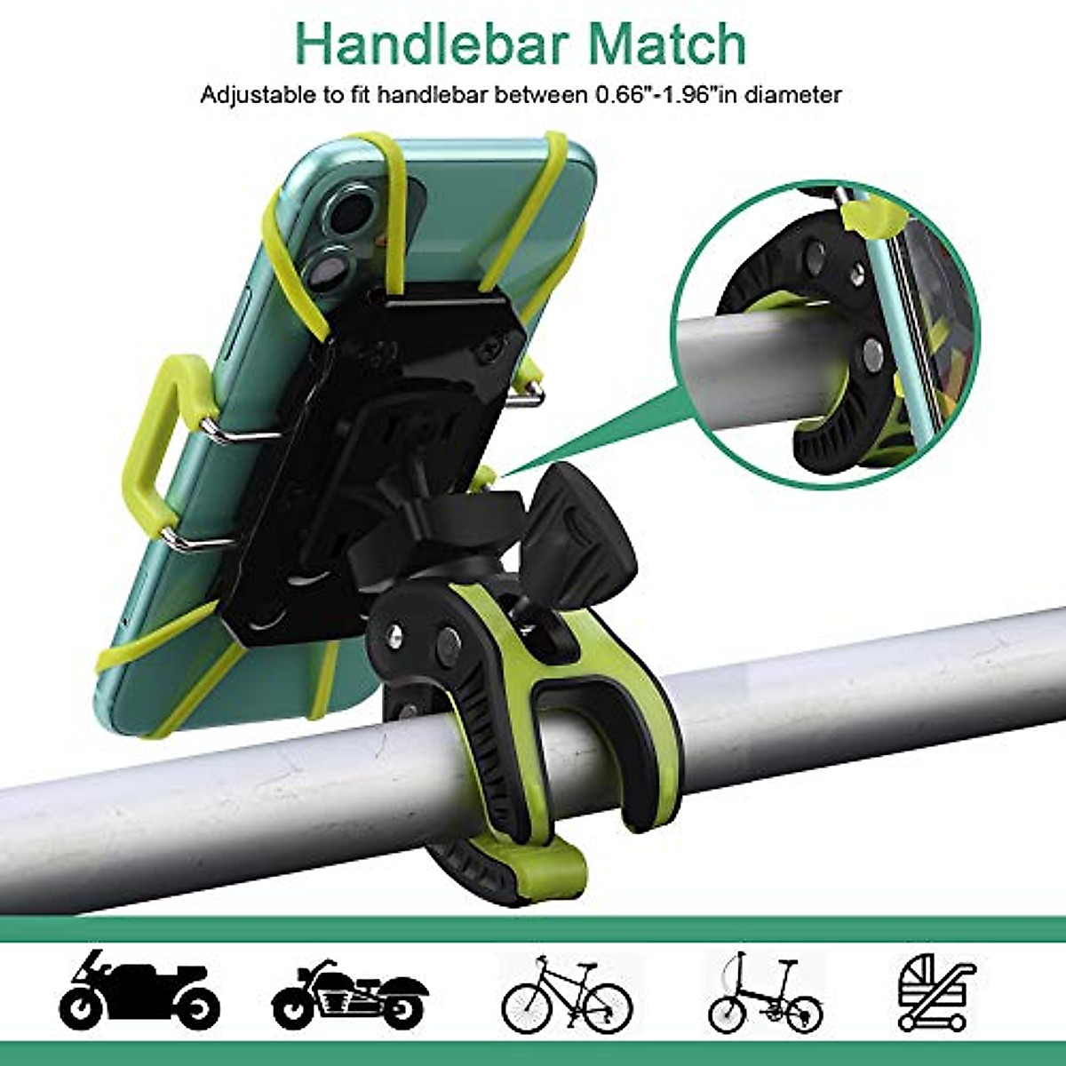 ihens5 Bike Phone Mount, Motorcycle & Mountain Bike Handlebar Phone Mount Bicycle Golf Cart Stroller Cell Phone Holder with Rubber Strap 360 Degrees Rotate for iPhone X 8 7 6 6s Plus Samsung (Green)