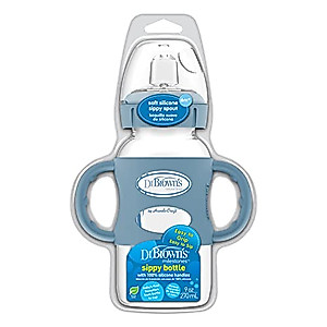 Dr. Brown's Milestones Wide-Neck Sippy Spout Bottle with 100% Silicone Handles, Easy-Grip Handles with Soft Sippy Spout, 9oz/270mL, Light-Blue, 1-Pack, 6m+